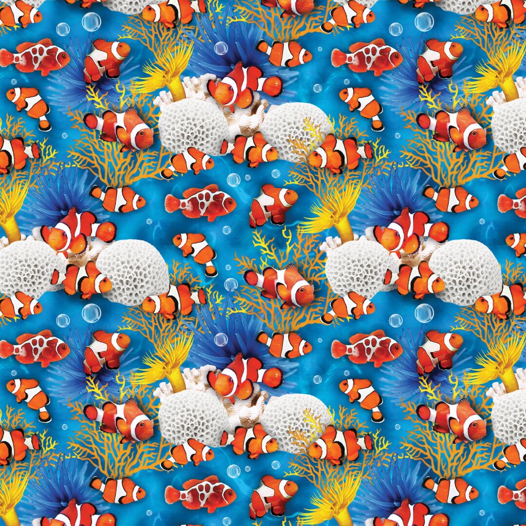 Fish Cotton Fabric by the Yard Ocean Story Clownfish Multi Camelot ...