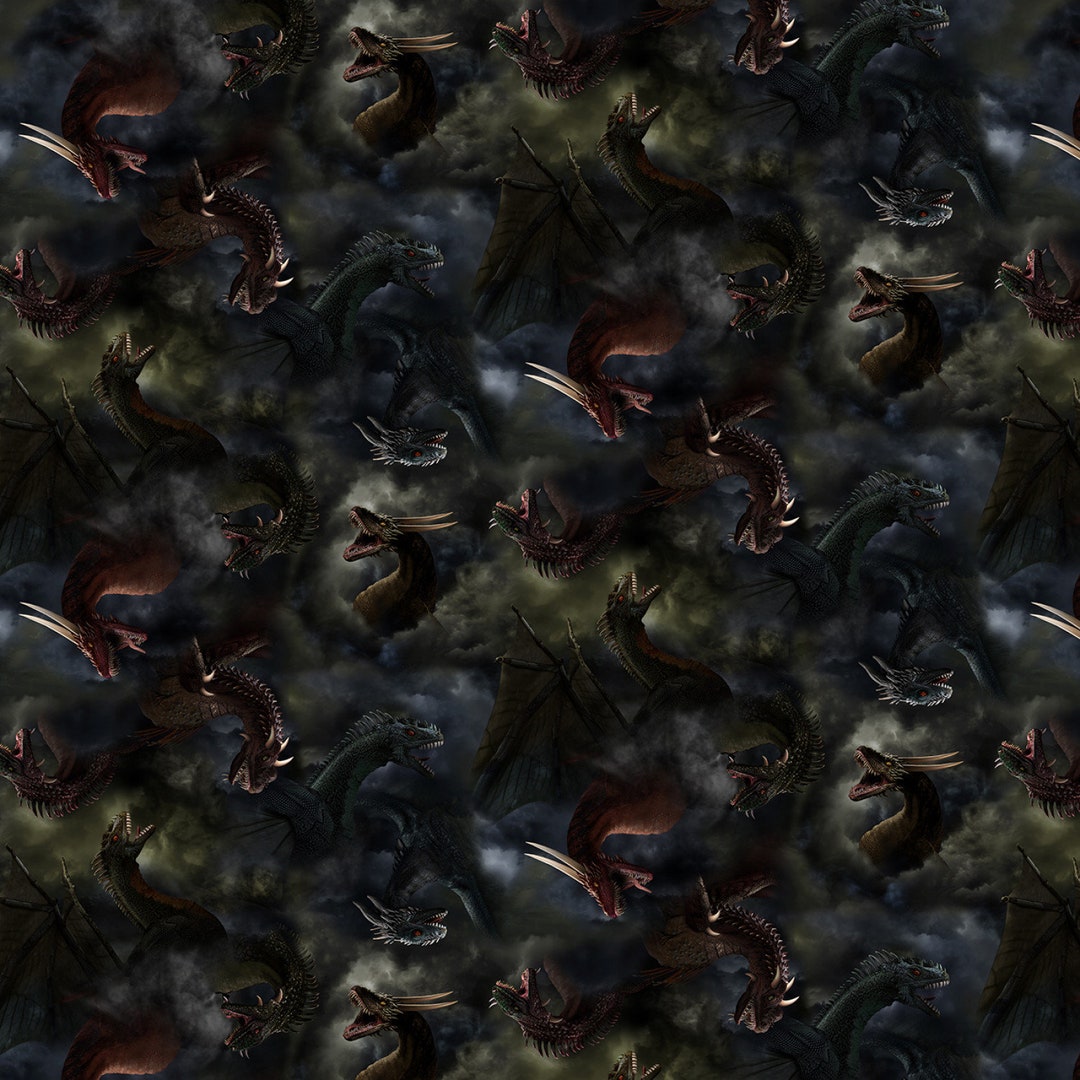 Dragon Cotton Fabric by the Yard - Dragon's Lair Tossed Dragons in ...