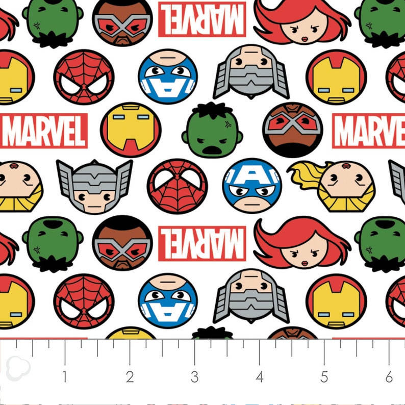 Marvel Superheroes Fabric by the Yard - Kawaii Hero Faces and Logo ...