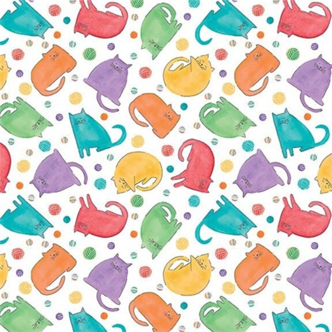 Cat Cotton Fabric by the Yard - Purranoia Tossed Cats White - Blank ...