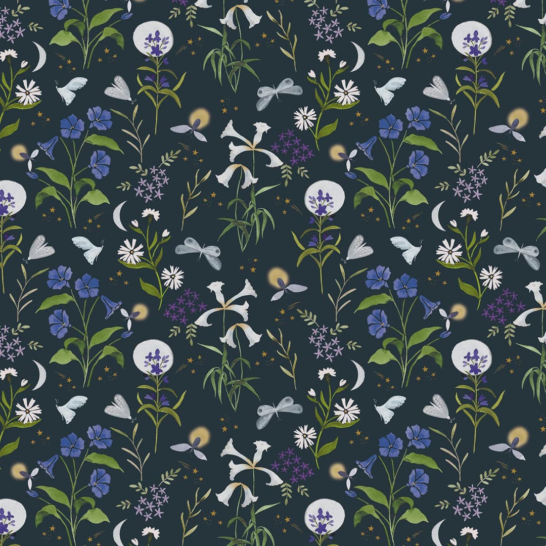Woodland Cotton Fabric by the Yard - Floral Forest Fireflies Midnight ...