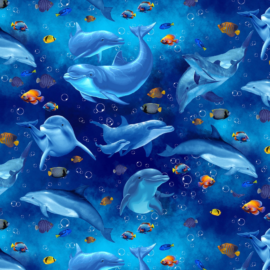 Dolphin Cotton Fabric by the Yard - Ocean Life Playful Dolphin and Fish ...