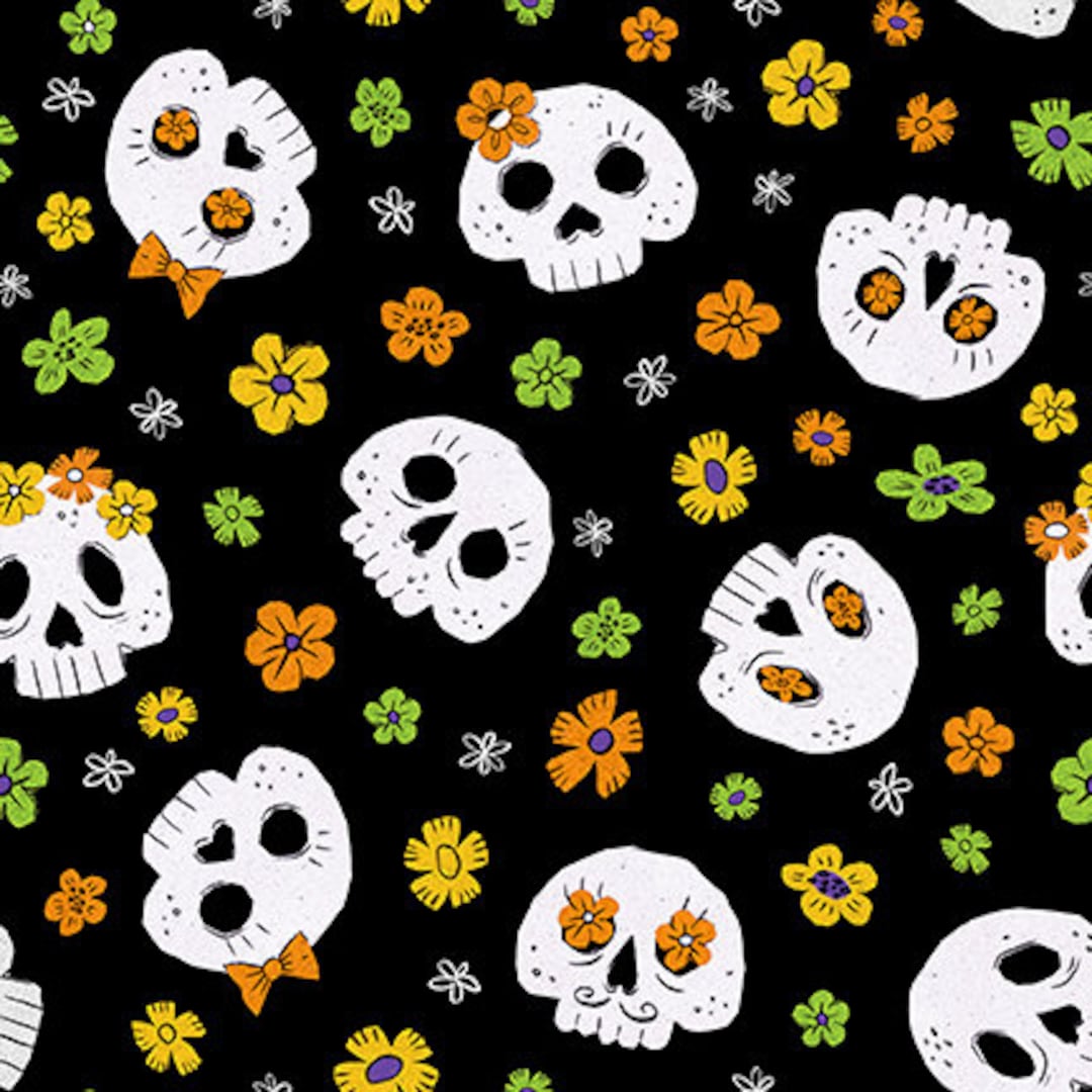 Halloween Cotton Fabric by the Yard - Halloween Monsters Skulls Black ...