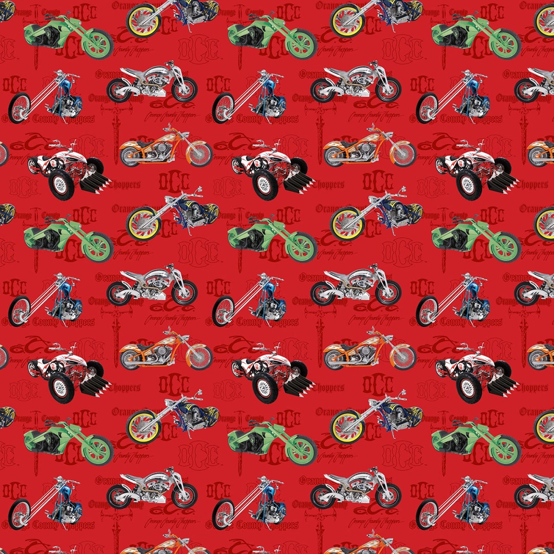 Motorcycle Cotton Fabric by the Yard - Orange County Choppers Toss Red ...