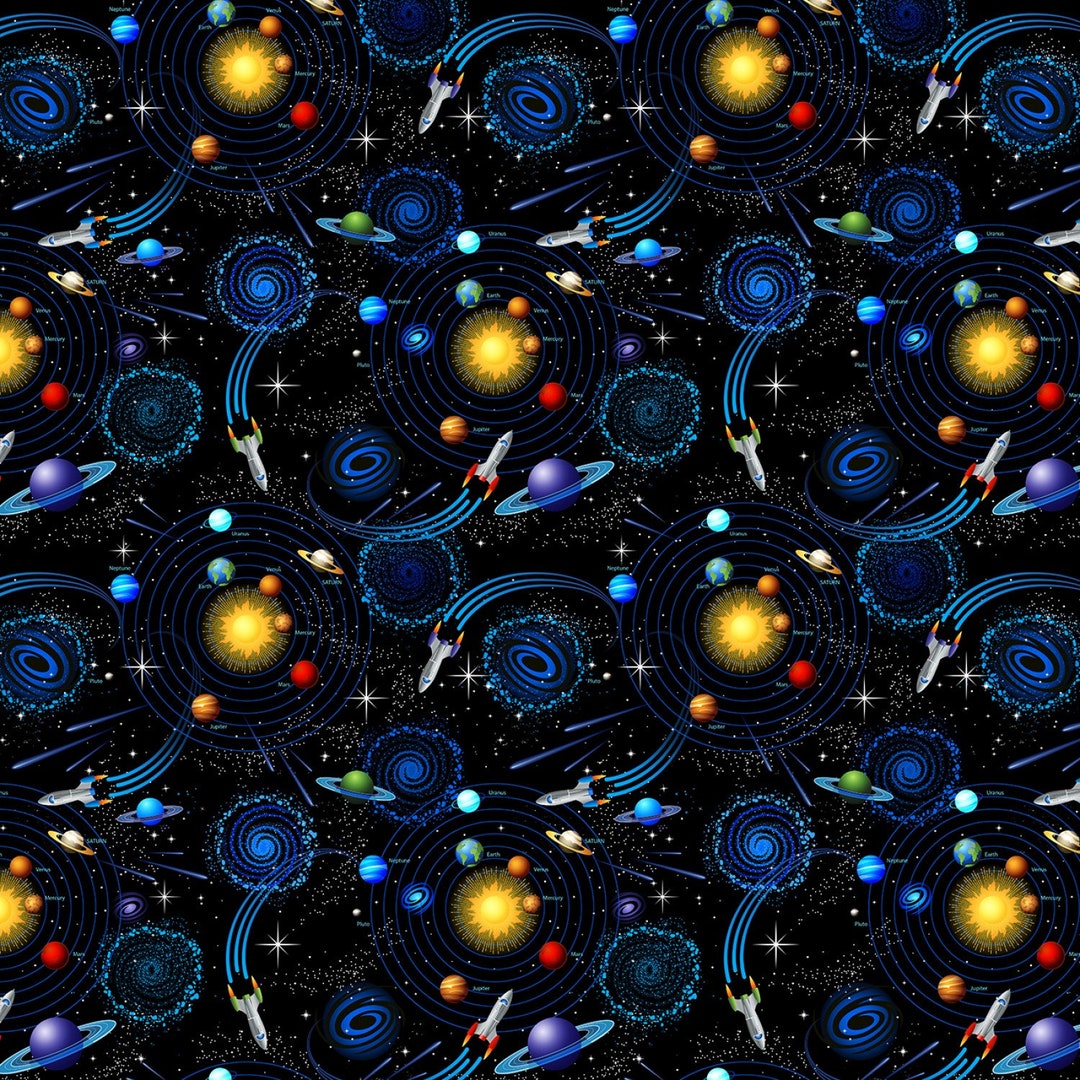 Outer Space Cotton Fabric by the Yard Black Tossed Solar System ...