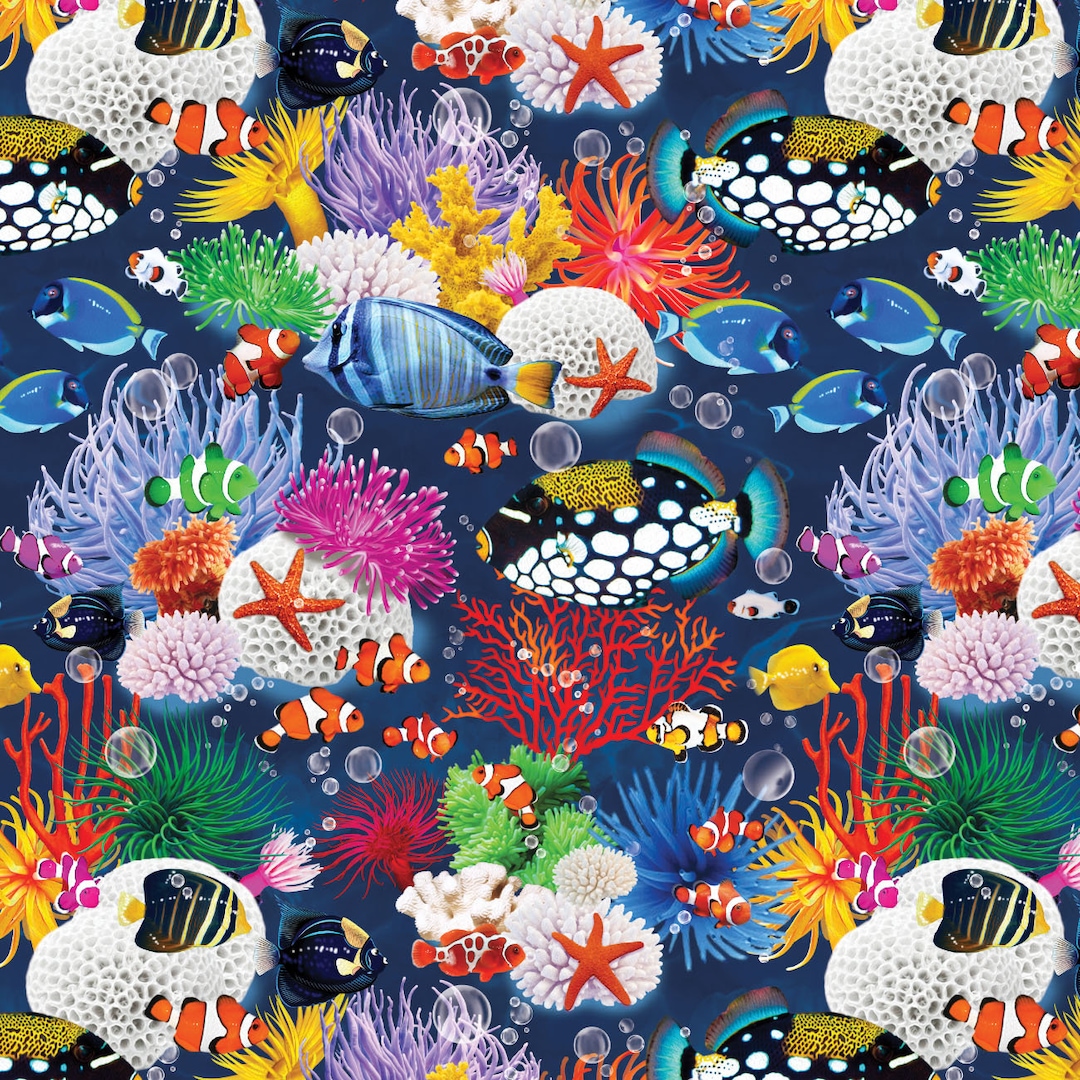 Fish Cotton Fabric by the Yard - Ocean Story Main Navy - Camelot ...
