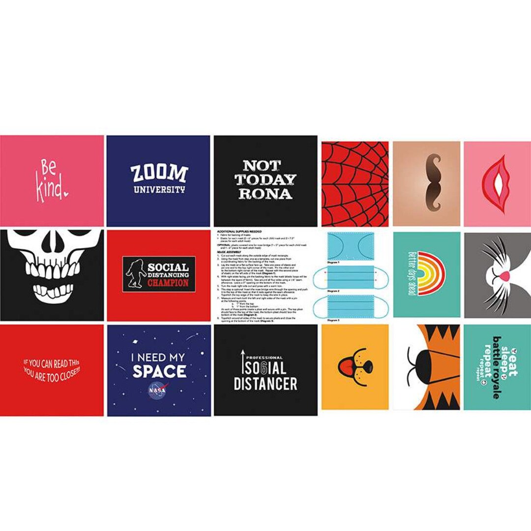 Face Mask Fabric Panel - 23" Panel With 16 Face Mask Designs - Riley ...