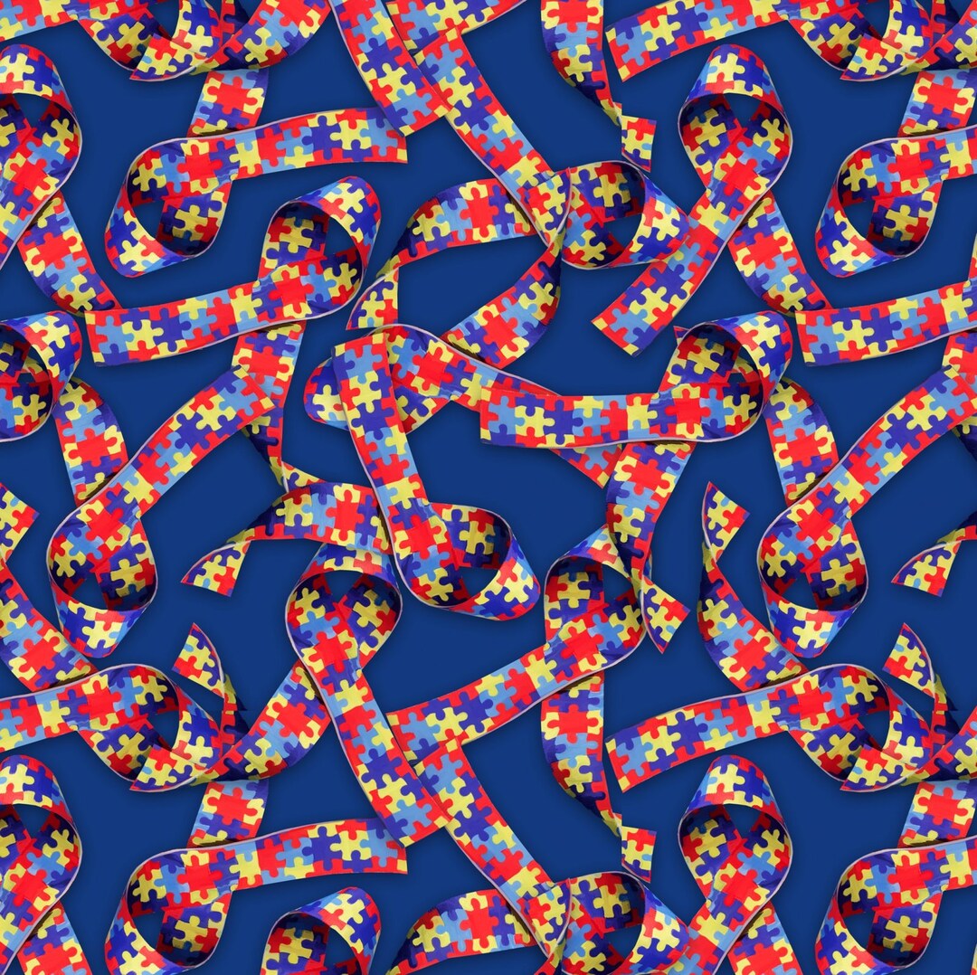Autism Awareness Cotton Fabric by the Yard Puzzle Ribbons Blue David ...