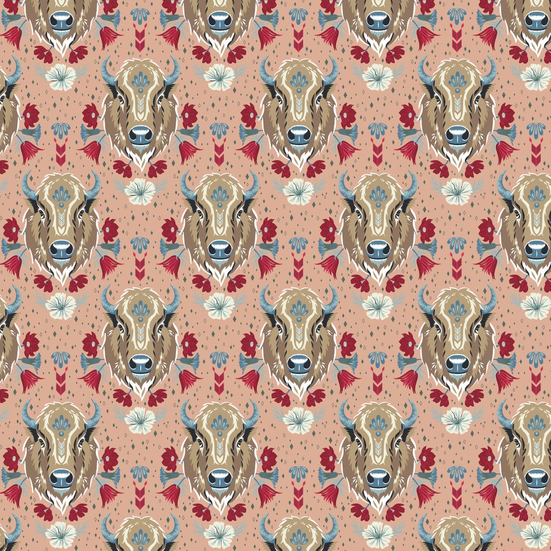 Bison Cotton Fabric by the Yard - Prairies Bold Beautiful Bison Pink ...