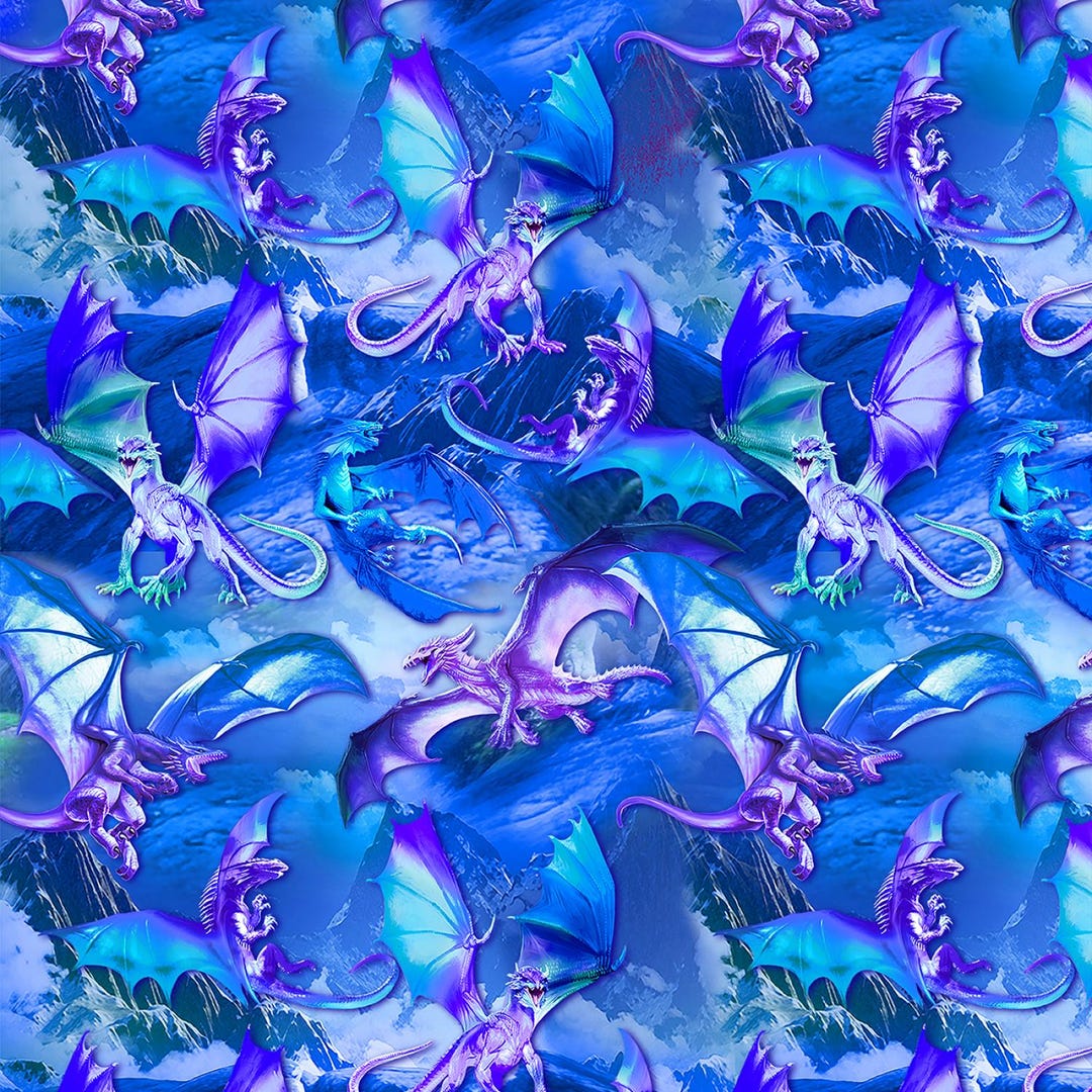 Dragon Cotton Fabric by the Yard - Fantasy Dragons Blue - Michael ...