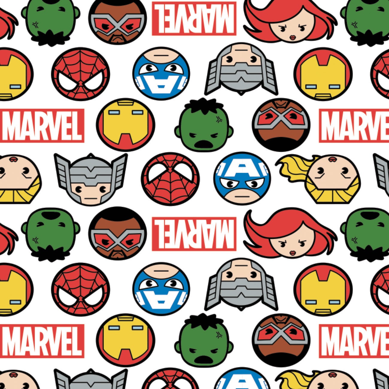 Marvel Superheroes Fabric by the Yard - Kawaii Hero Faces and Logo ...