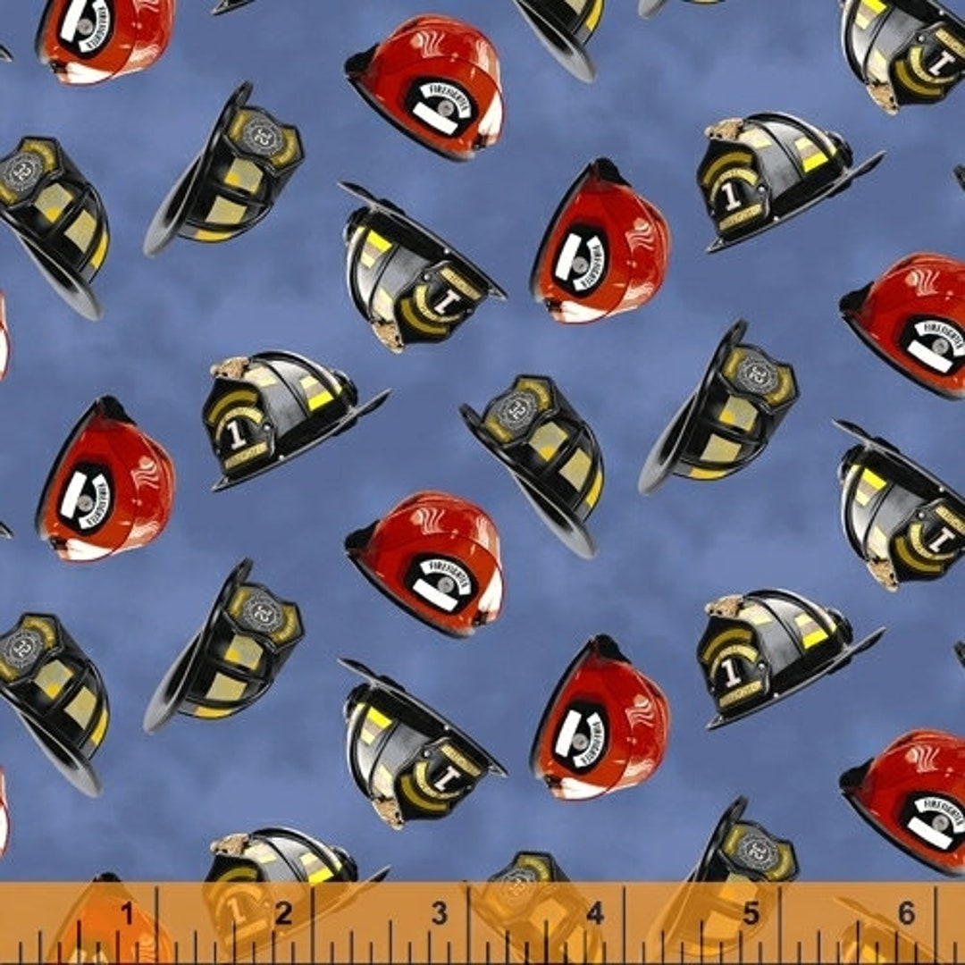 Firefighter Cotton Fabric by the Yard - Hold the Line Helmets Blue ...