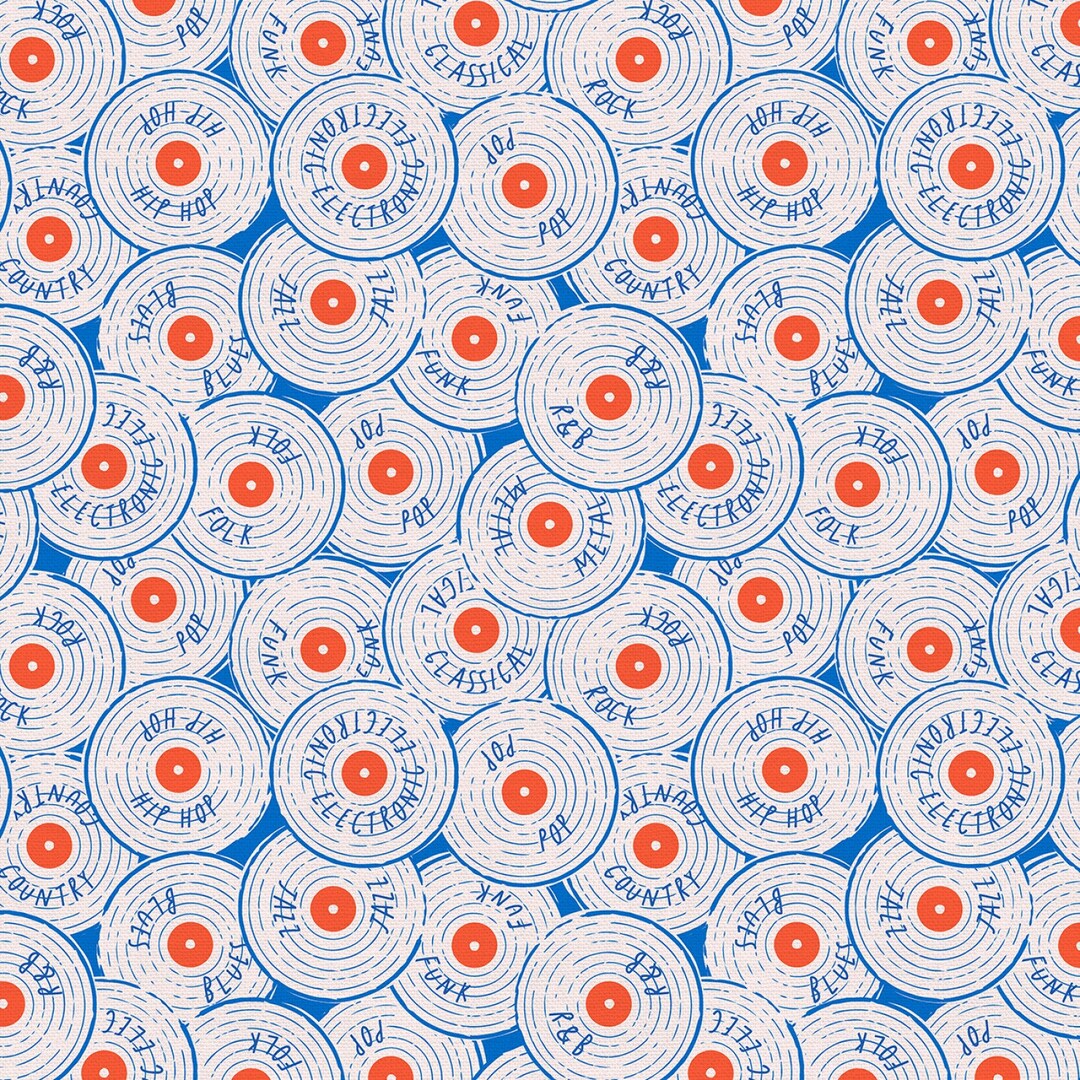 Vinyl Record Cotton Fabric by the Yard - Moody Sunday Music Play Blue ...