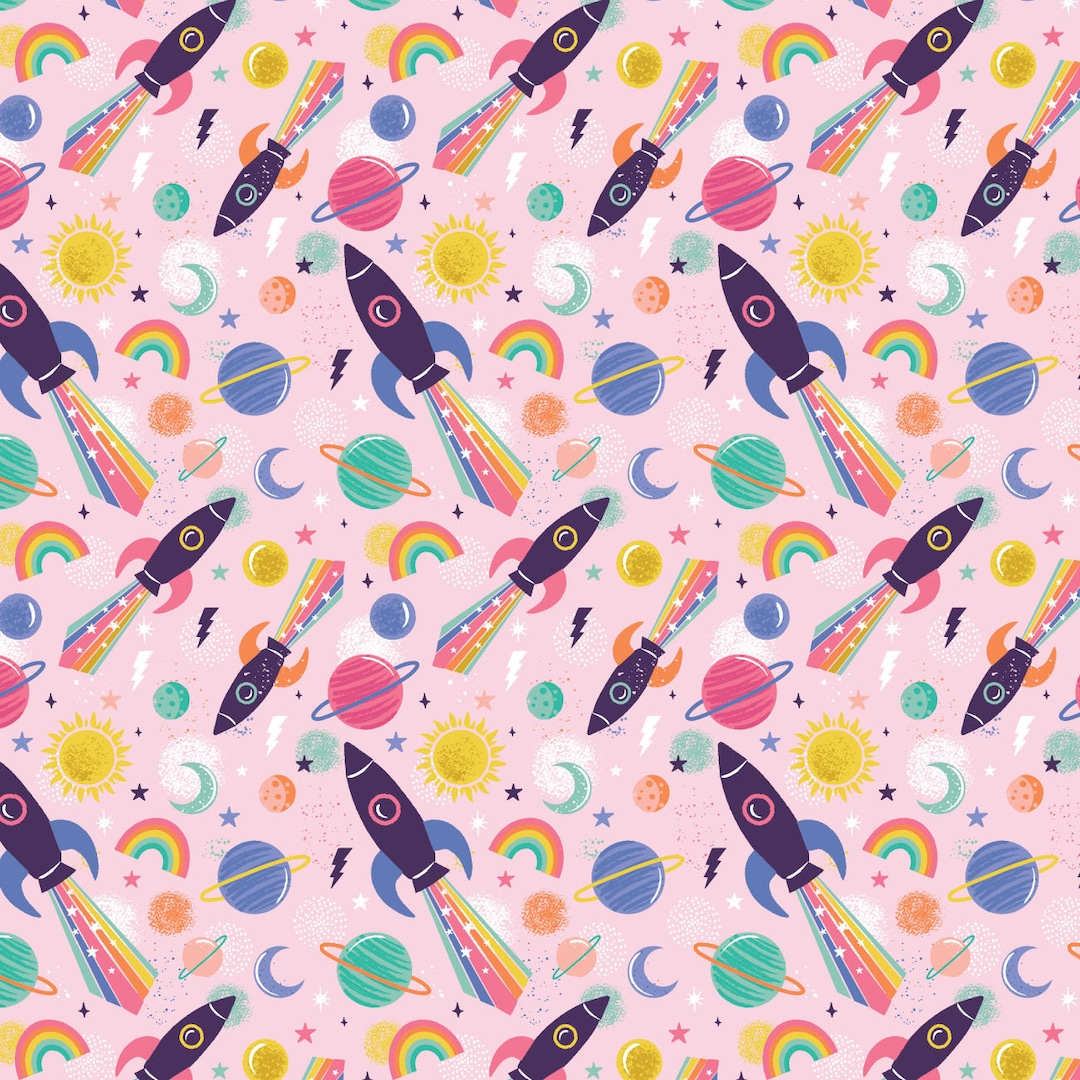 Space Cotton Fabric by the Yard - Magical Space Cosmic Rockets Light ...