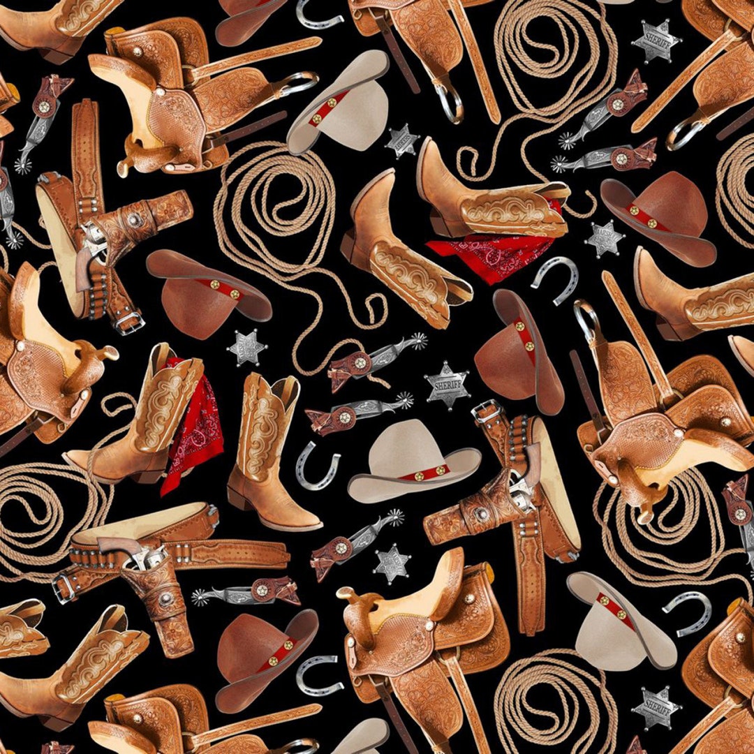 Cowboy Boots Cotton Fabric by the Yard - Country Roads Tossed Western ...