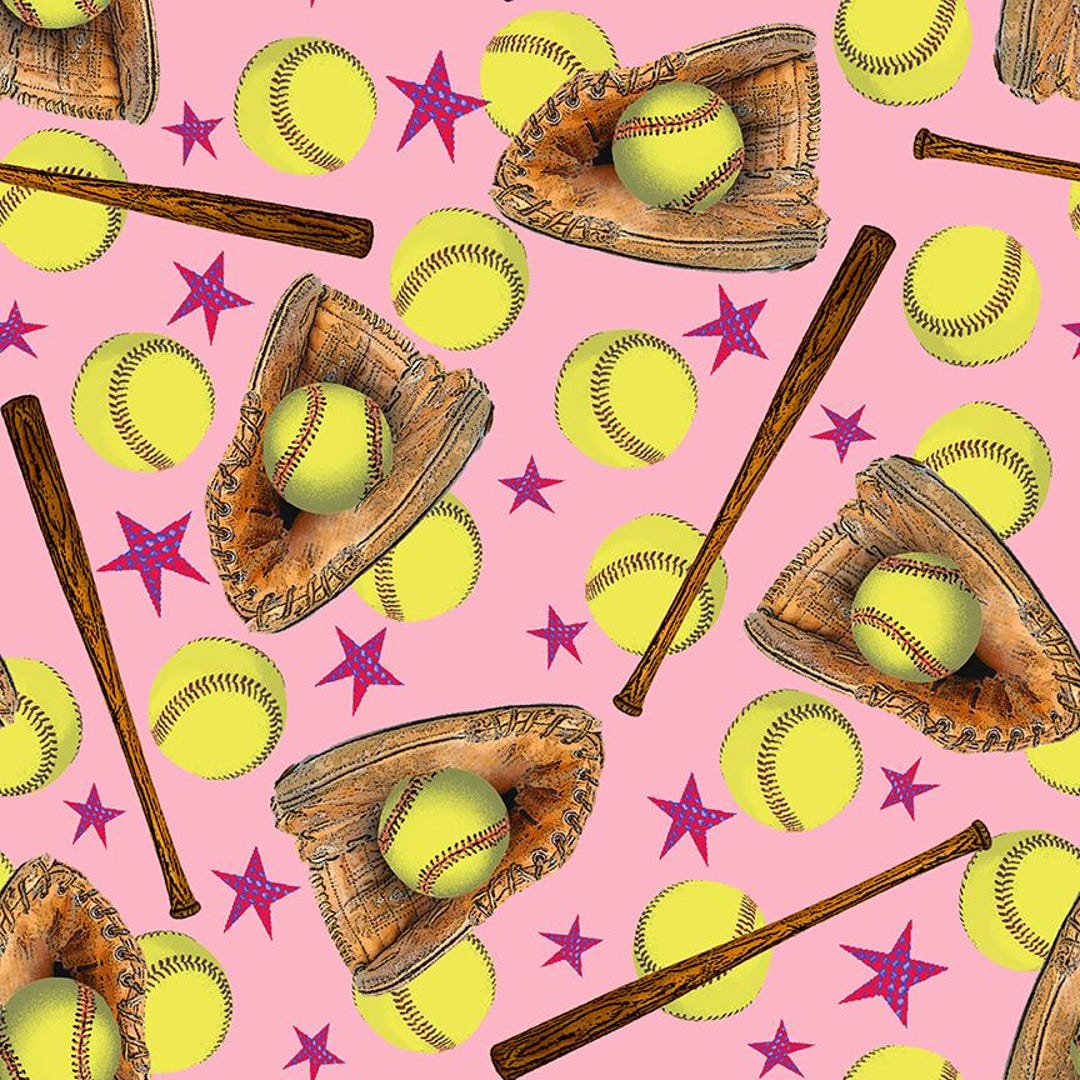 Softball Cotton Fabric by the Yard - Super Sports Softball Gloves Bat ...