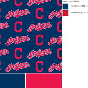 Cleveland Indians Fabric by the Yard - Logos on Navy Blue - Fabric ...