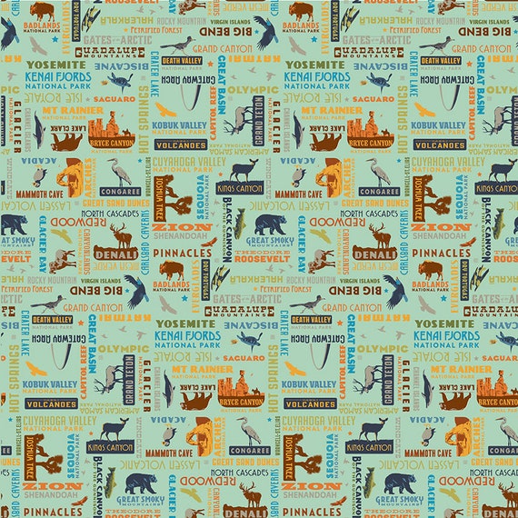 U.S. National Parks Fabric by the Yard Words Sea Green | Etsy