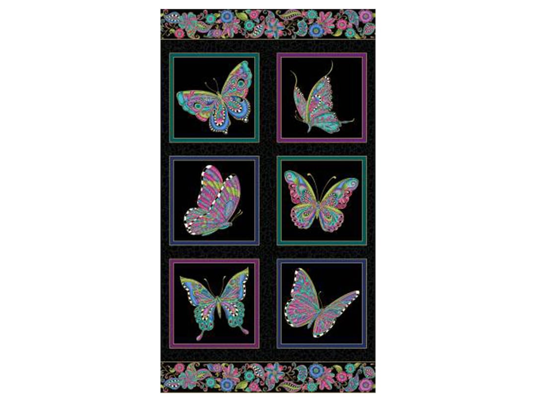 Butterfly Cotton Fabric Panel - Alluring Butterflies Black Panel ...