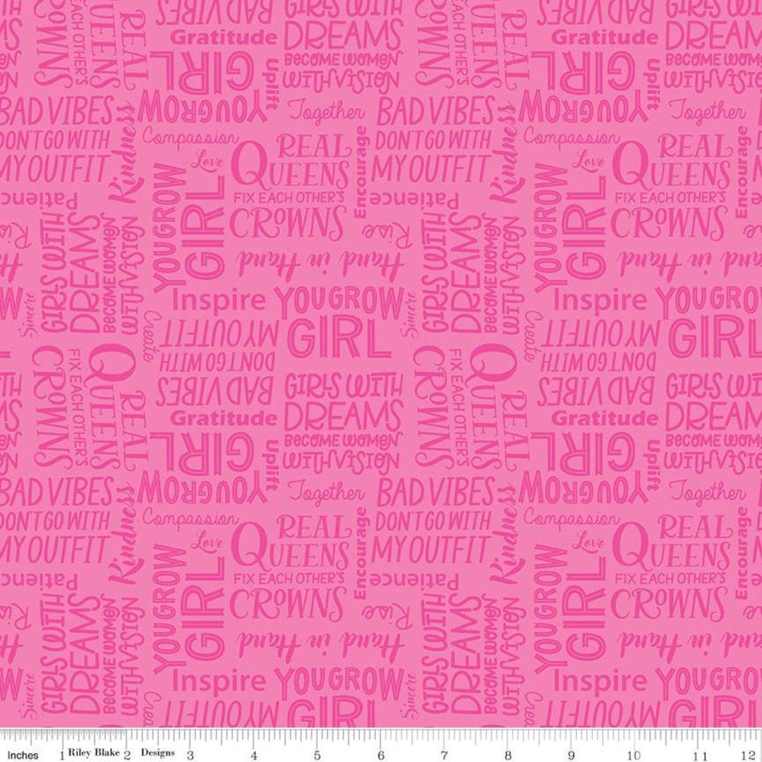 Girl Power Cotton Fabric by the Yard Hand in Hand Girls Text Pink Riley ...