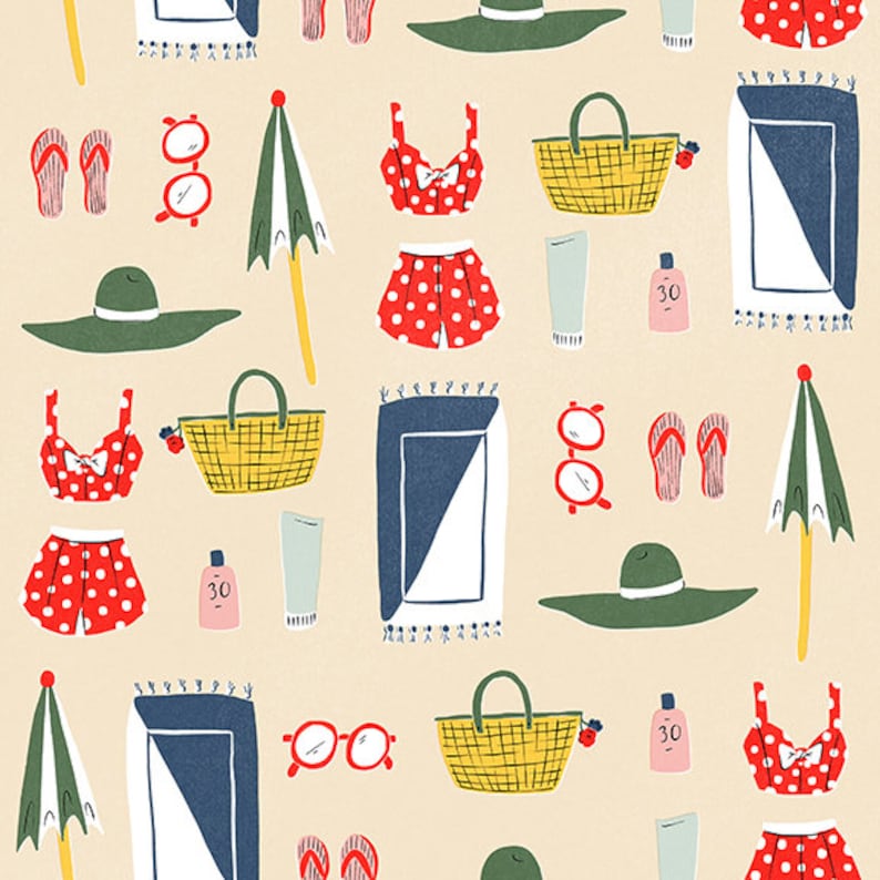 Beach Cotton Fabric by the Yard Beach Day Pack Your Bags - Etsy