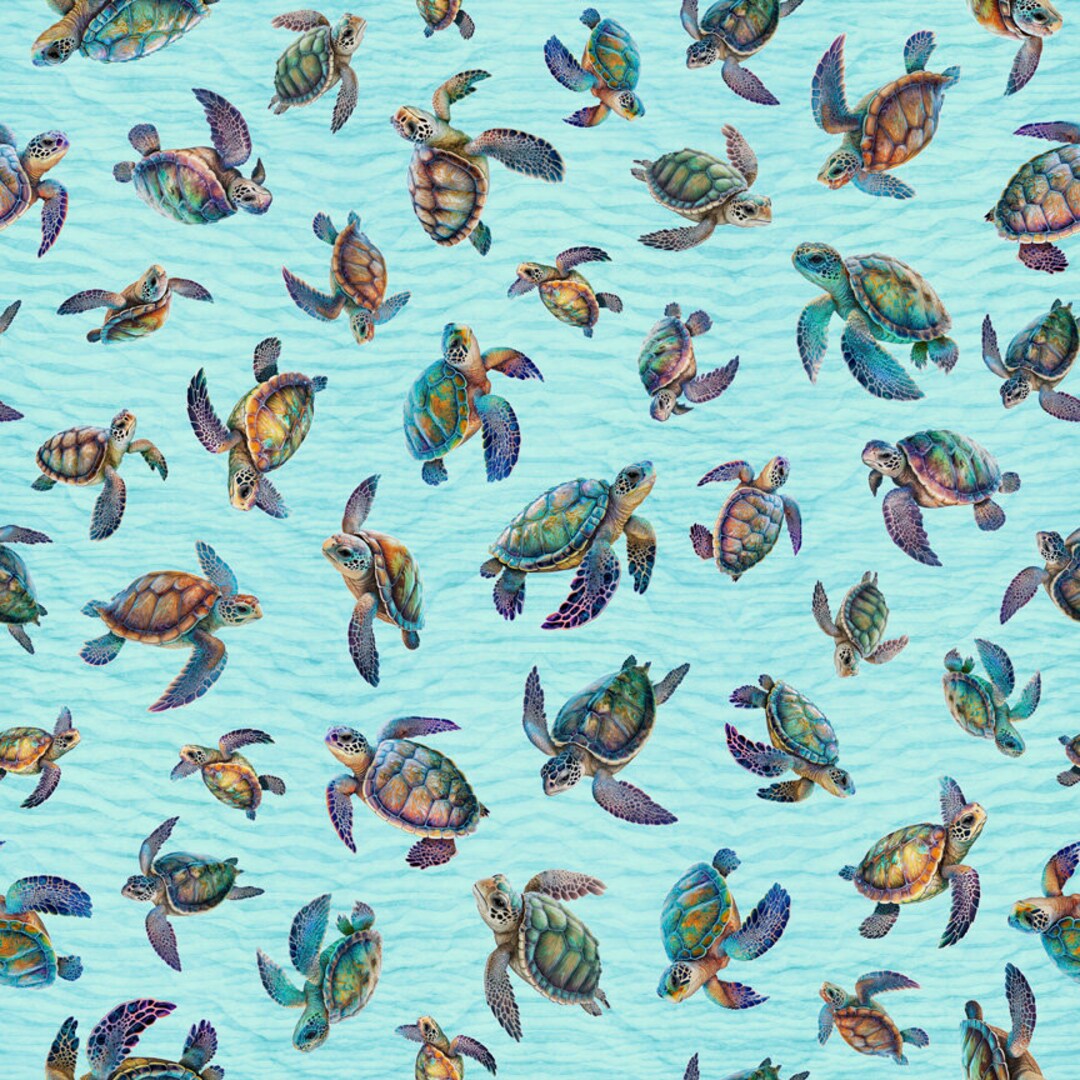 Turtle Cotton Fabric by the Yard - Endless Blues Sea Turtle Toss Aqua ...