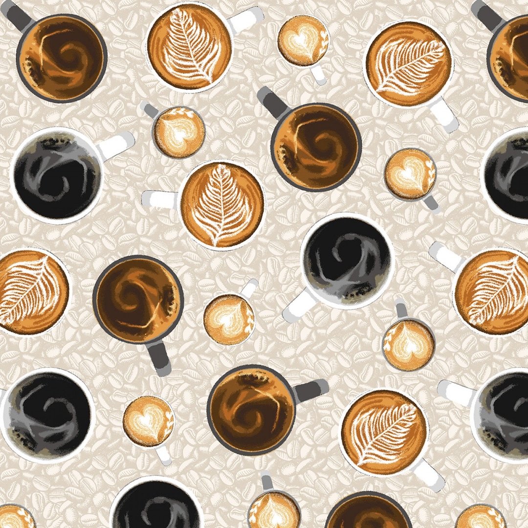 Coffee Cotton Fabric by the Yard - Coffee Shop Latte Art Light ...