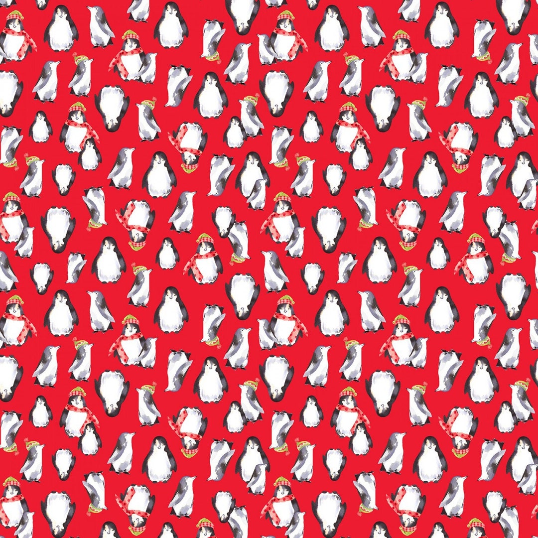 Penguin Cotton Fabric by the Yard - Snow Day Penguins Red - Windham ...