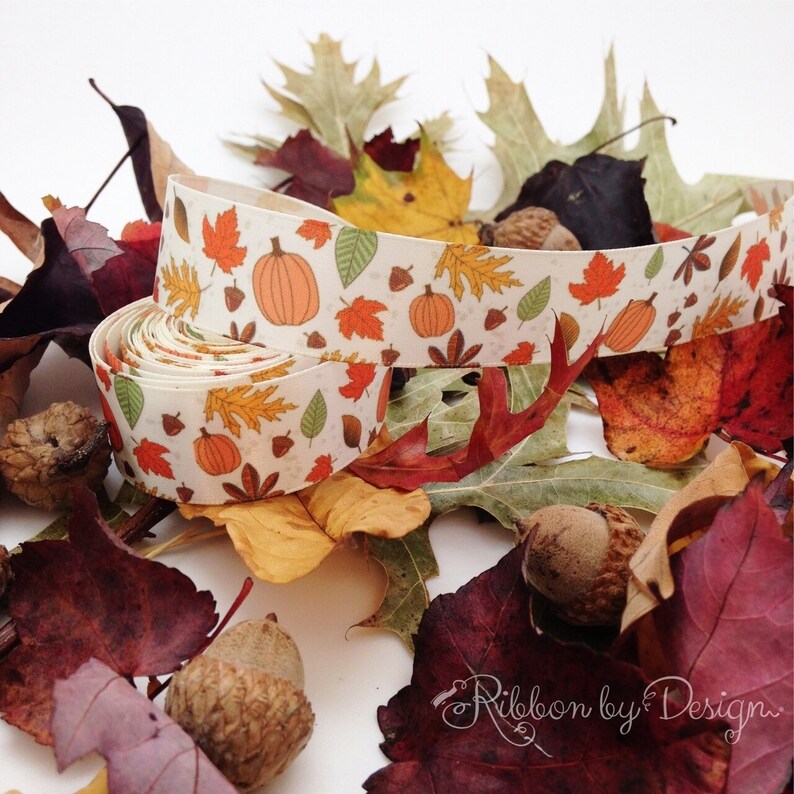 Fall Leaves Ribbon With Pumpkins Ideal for Thanksgiving Floral Pieces ...