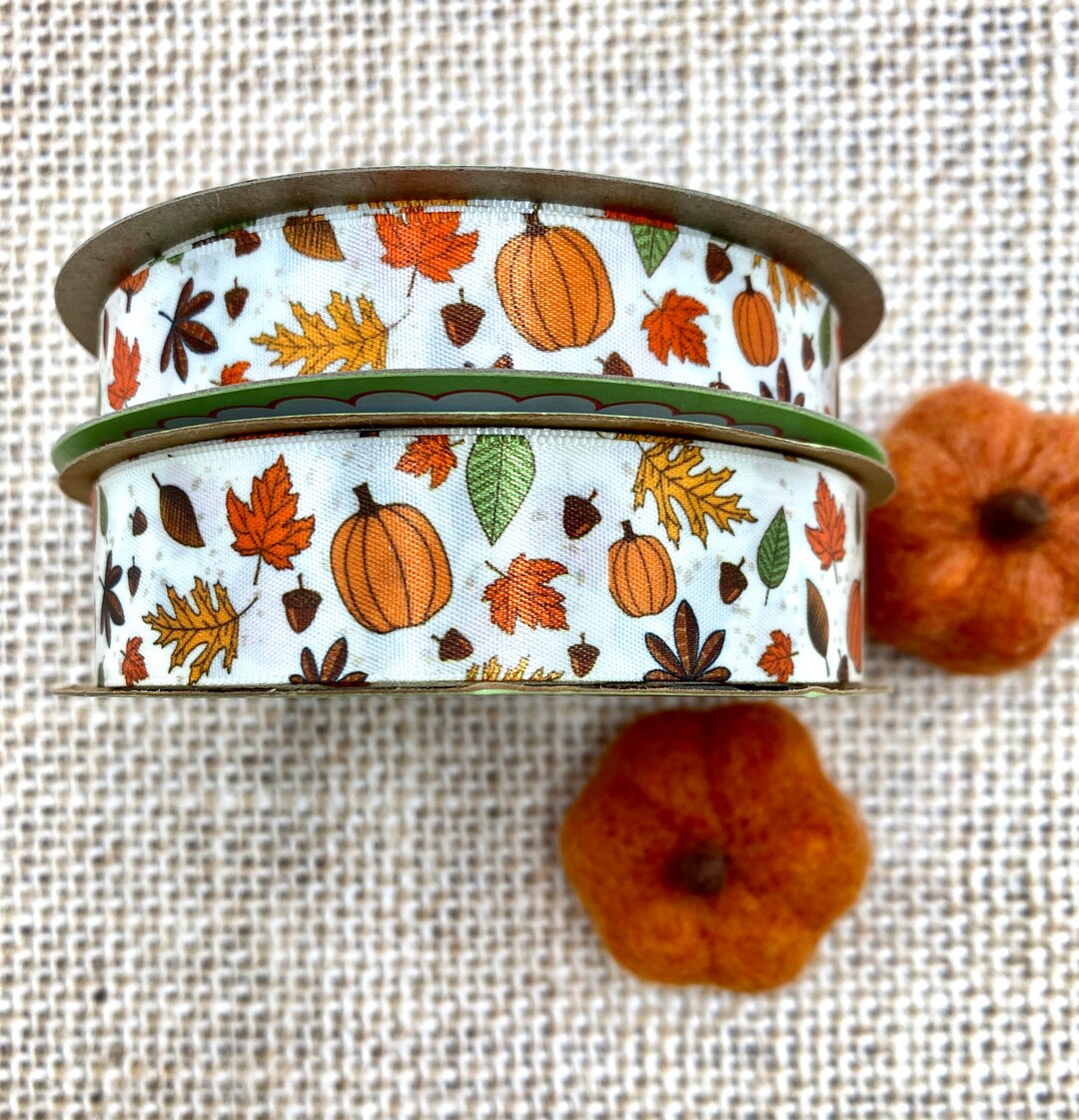 Fall Leaves Ribbon With Pumpkins Ideal for Thanksgiving Floral Pieces ...