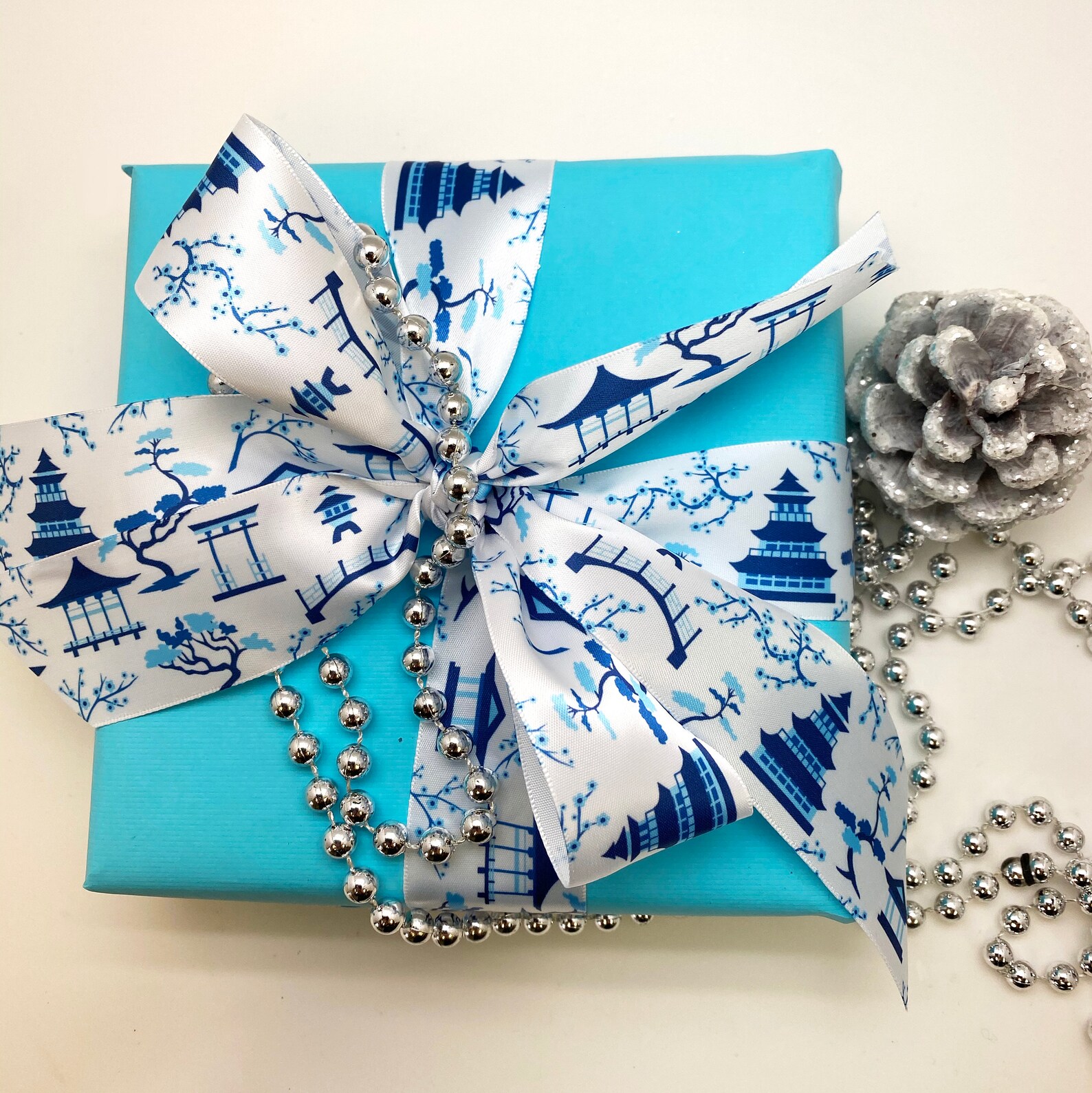 Japanese Pagoda Chinoiserie Ribbon Blue and White, for Gift Wrap, Tree ...
