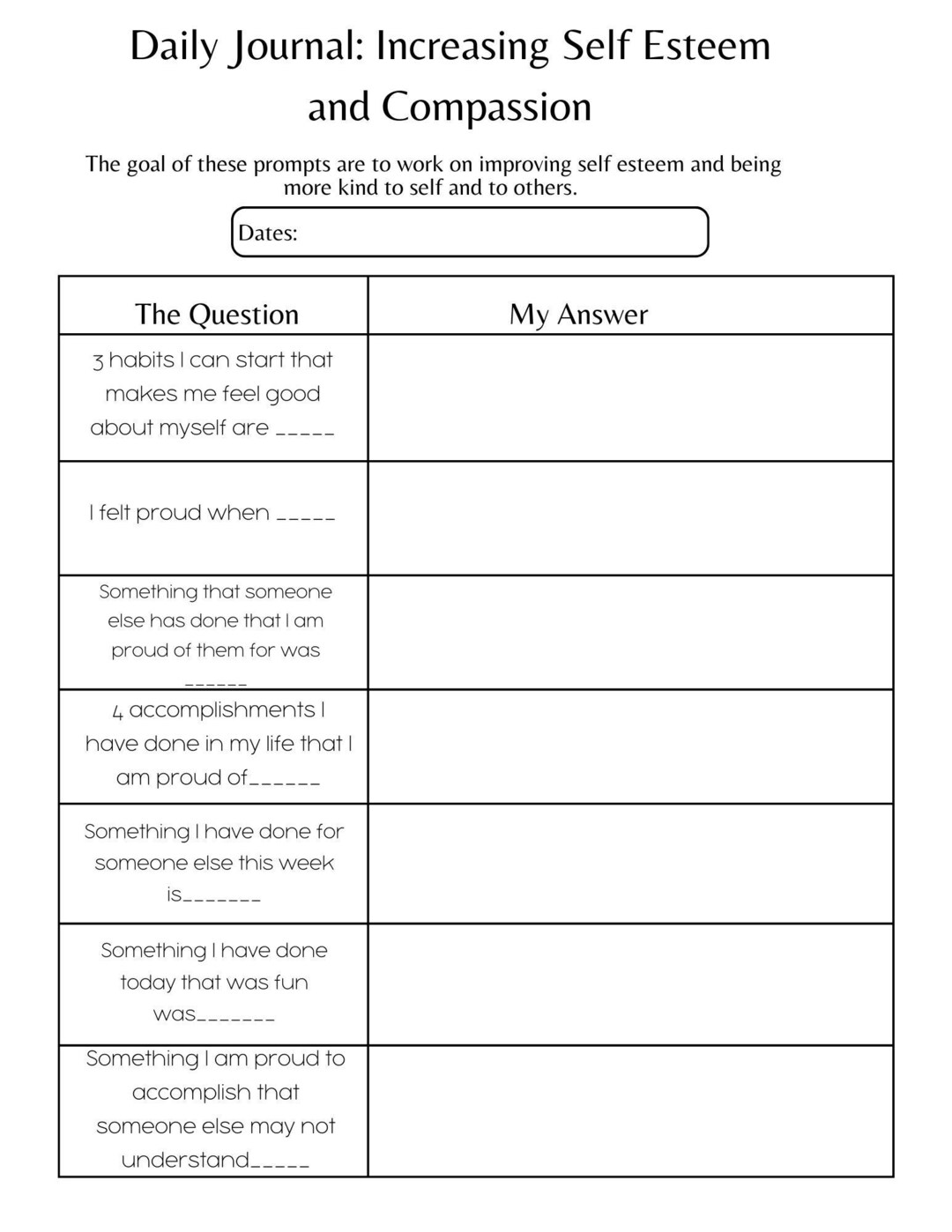 Daily Journal Prompts to Help Improve Self Esteem and Self Compassion ...