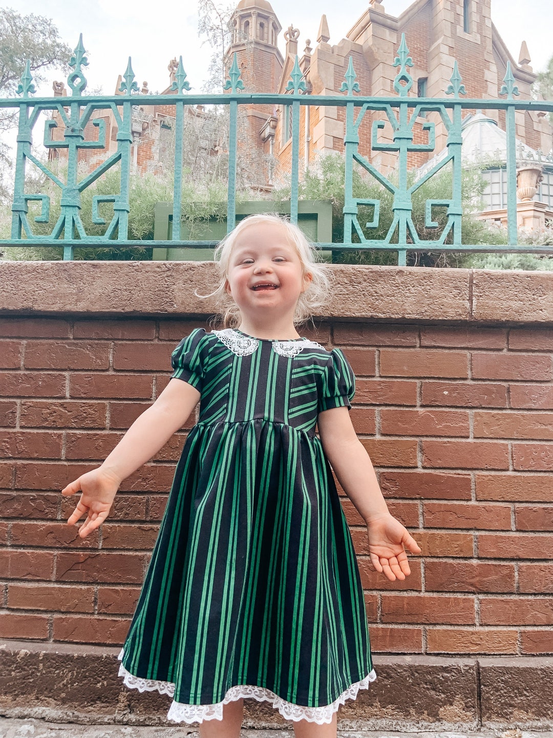Ghost Host Dress, Haunted House Green and Black Stripes, Puff Sleeve ...