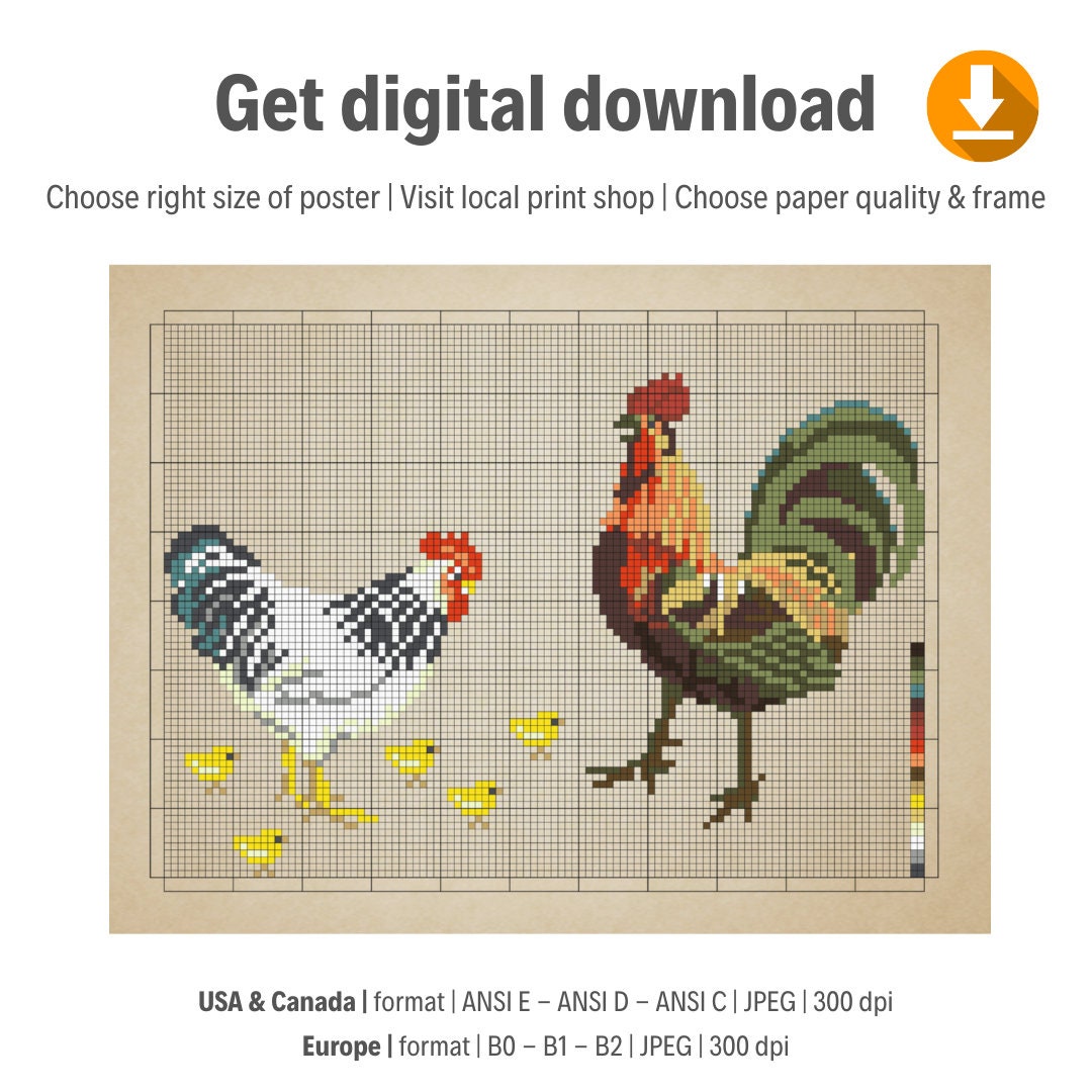 Farmhouse Printable Wall Decor Animal Print Embroidery Rooster and Hen ...