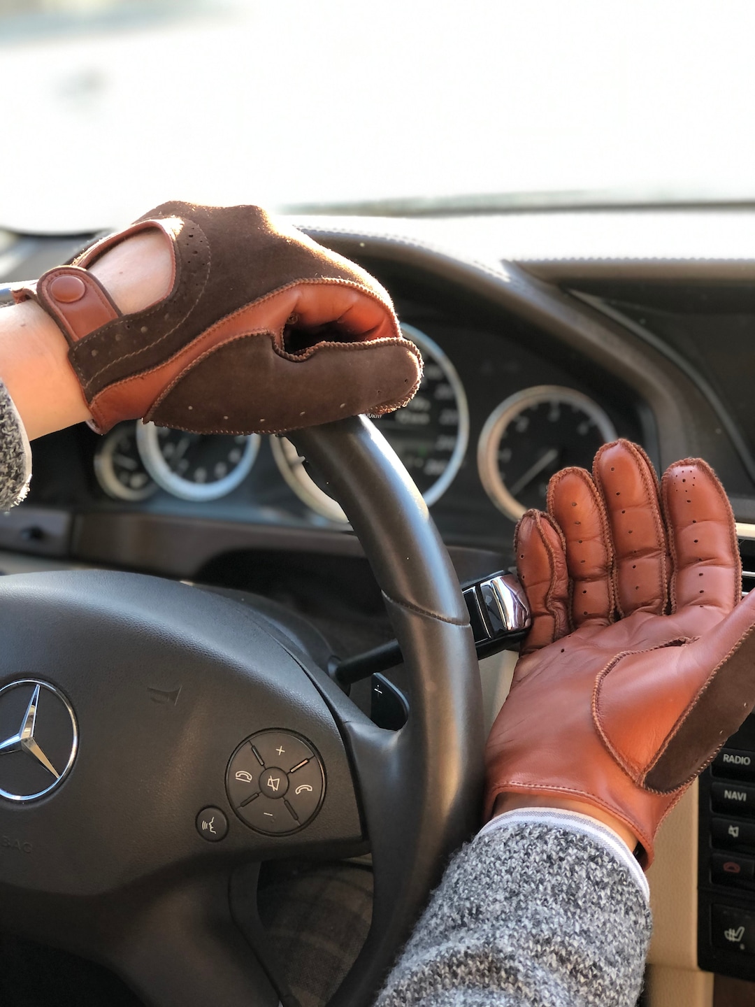 Men's Driving Gloves Suede BROWN Leather Gloves Stylish Authentic Model ...