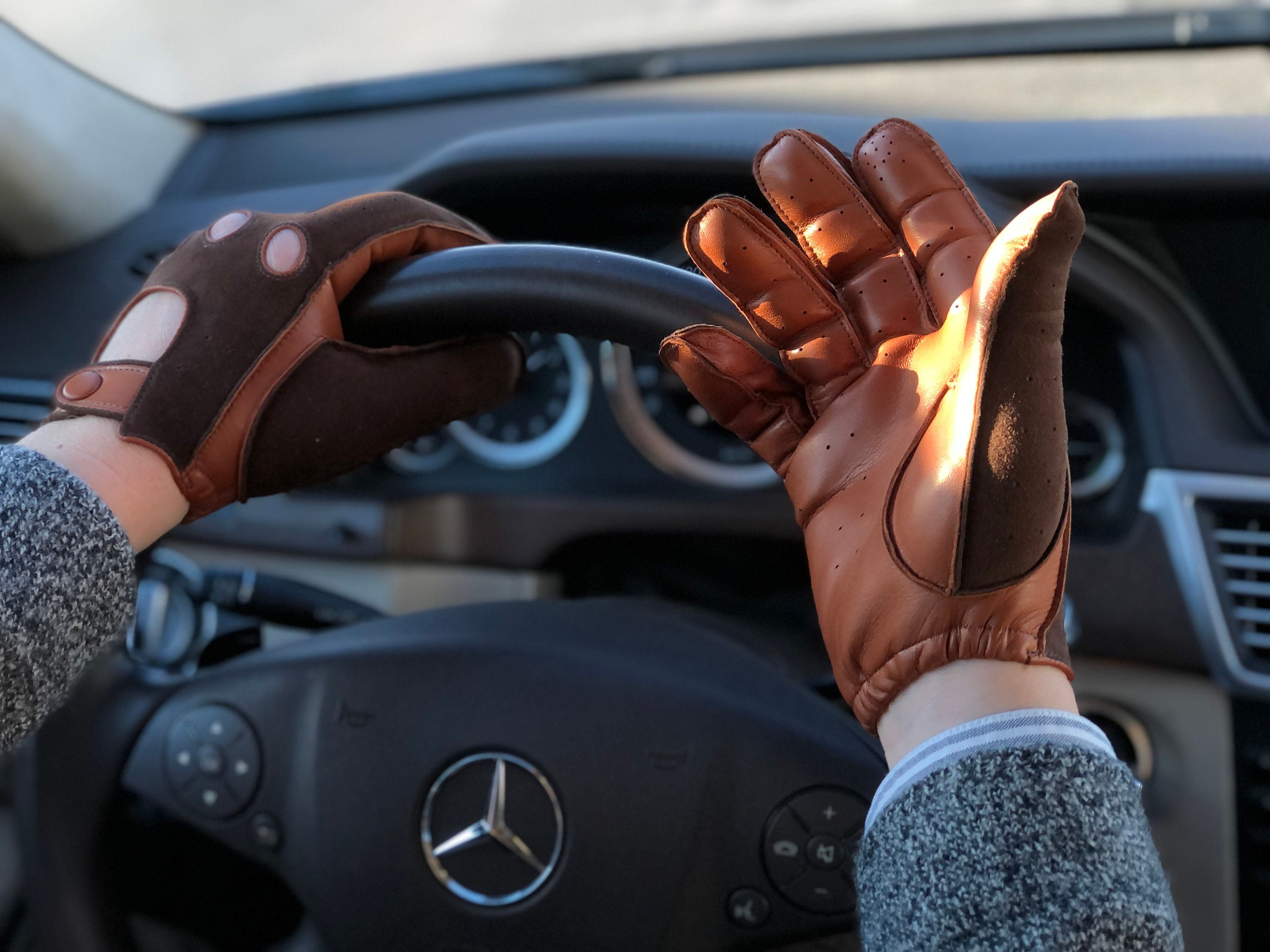 Men's Driving Gloves Suede BROWN Leather Gloves Stylish Authentic Model ...