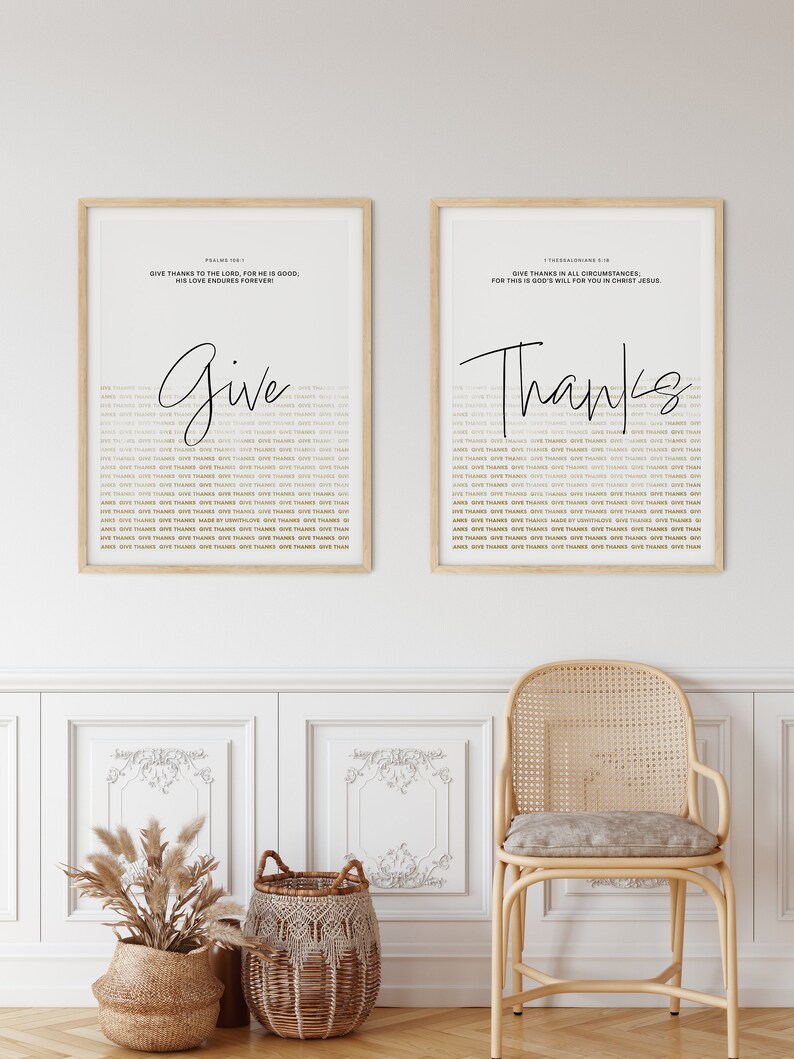 Set of 2 Give Thanks Prints Bible Verse Wall Art, Psalm 106:1, Modern ...