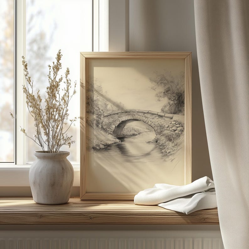 Printable Vintage Stone Bridge Sketch - Rustic Graphite Wall Art ...