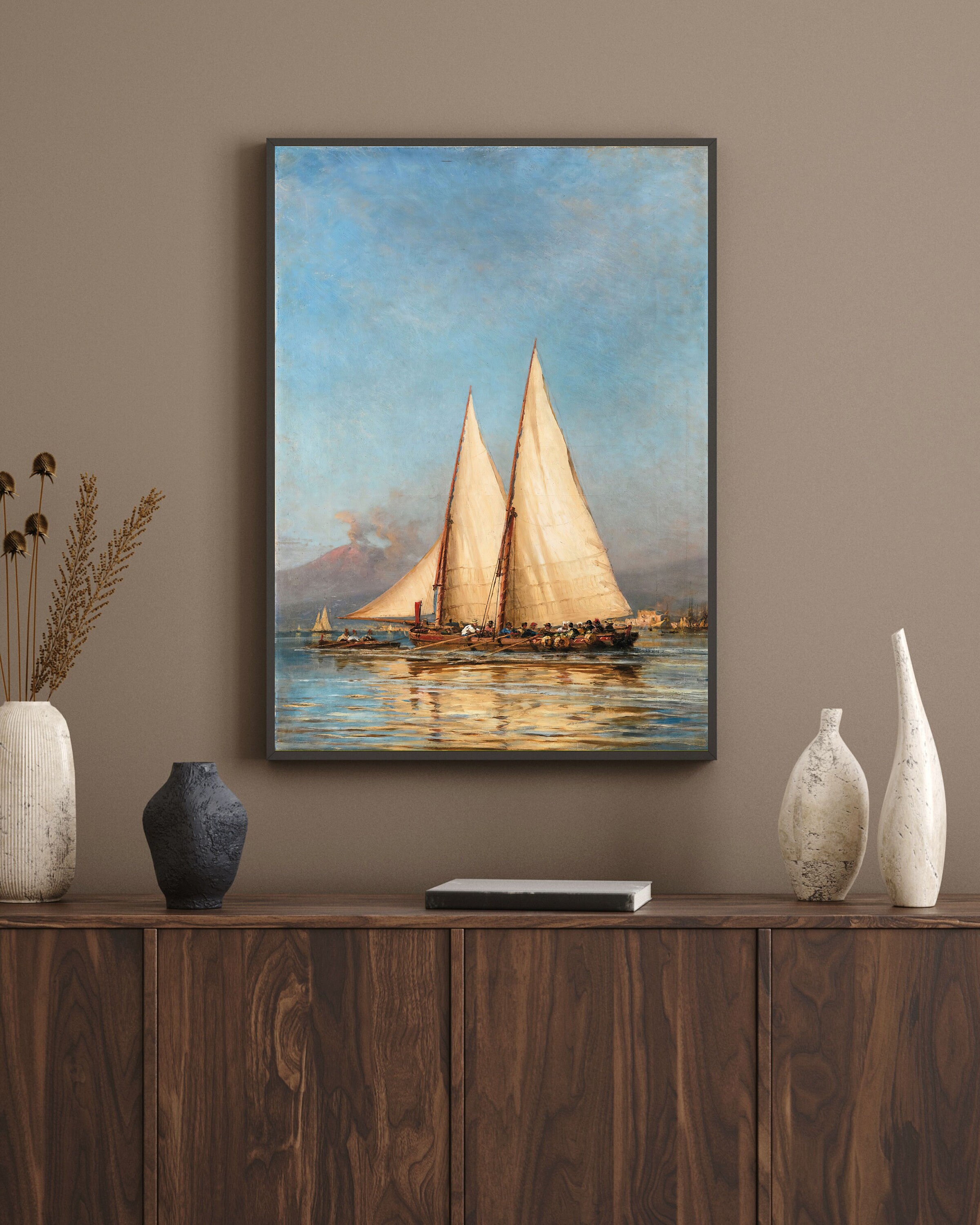 Vintage Sailboat Art Print, Antique Nautical Painting, Natural Colors ...