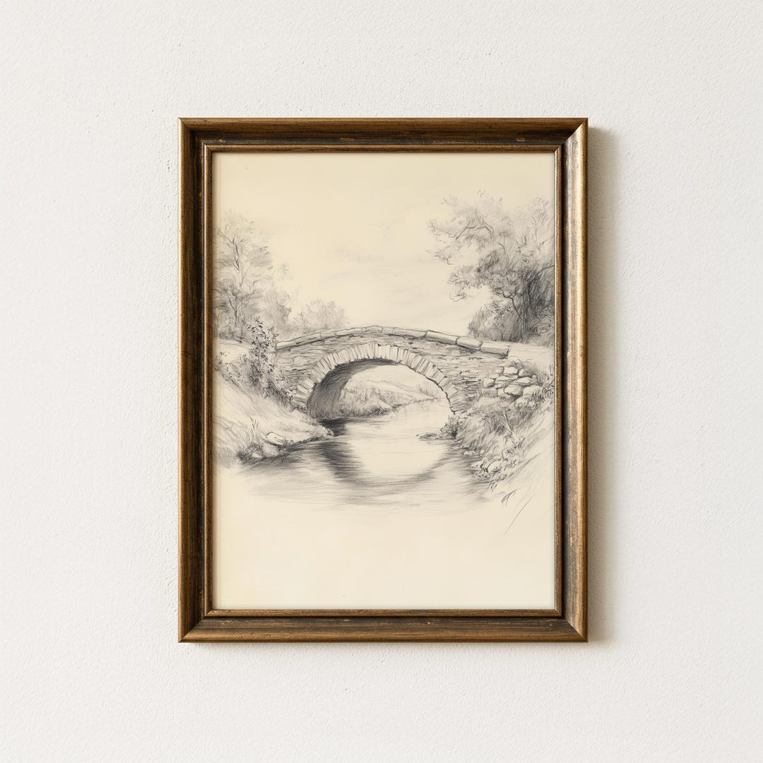 Printable Vintage Stone Bridge Sketch - Rustic Graphite Wall Art ...