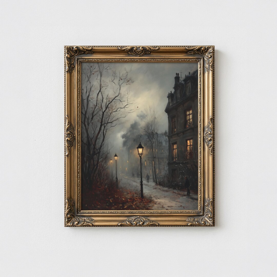 Moody Evening Street Scene - Vintage Winter Cityscape Art With Lamp ...