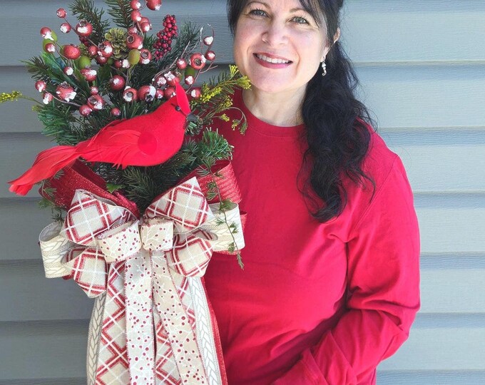 Christmas Tree Topper Bow, Rustic Cardinal Topper, Farmhouse Topper ...