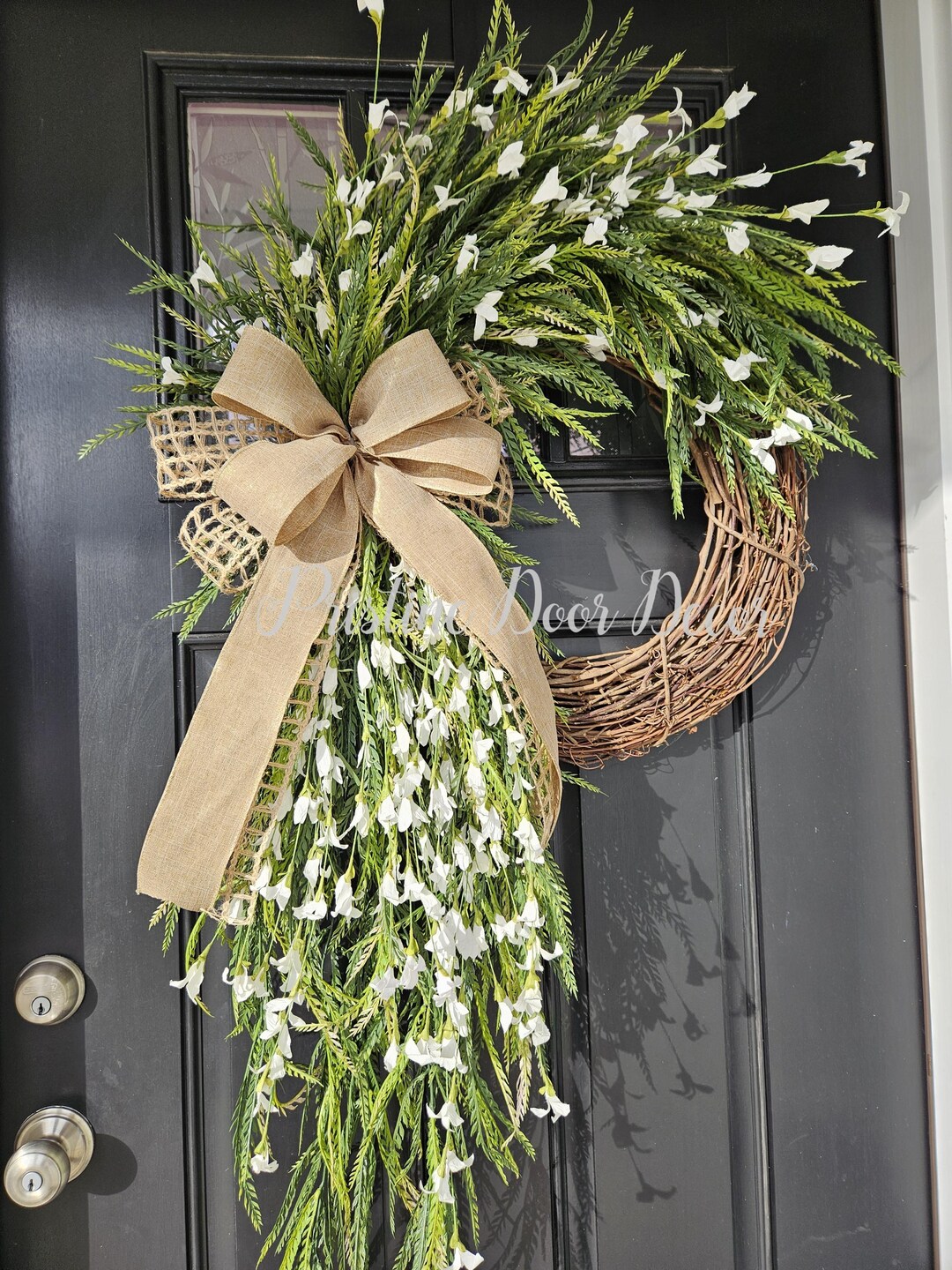 Everyday Farmhouse Greenery Wreath With White Florals & Burlap Bow ...