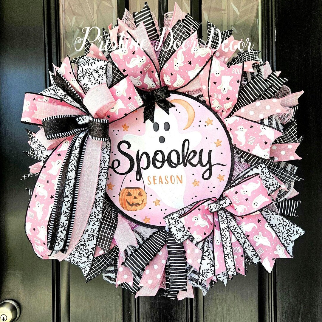 Halloween Ghost Wreath, Pink Halloween Wreath, Fall Wreaths, Halloween ...