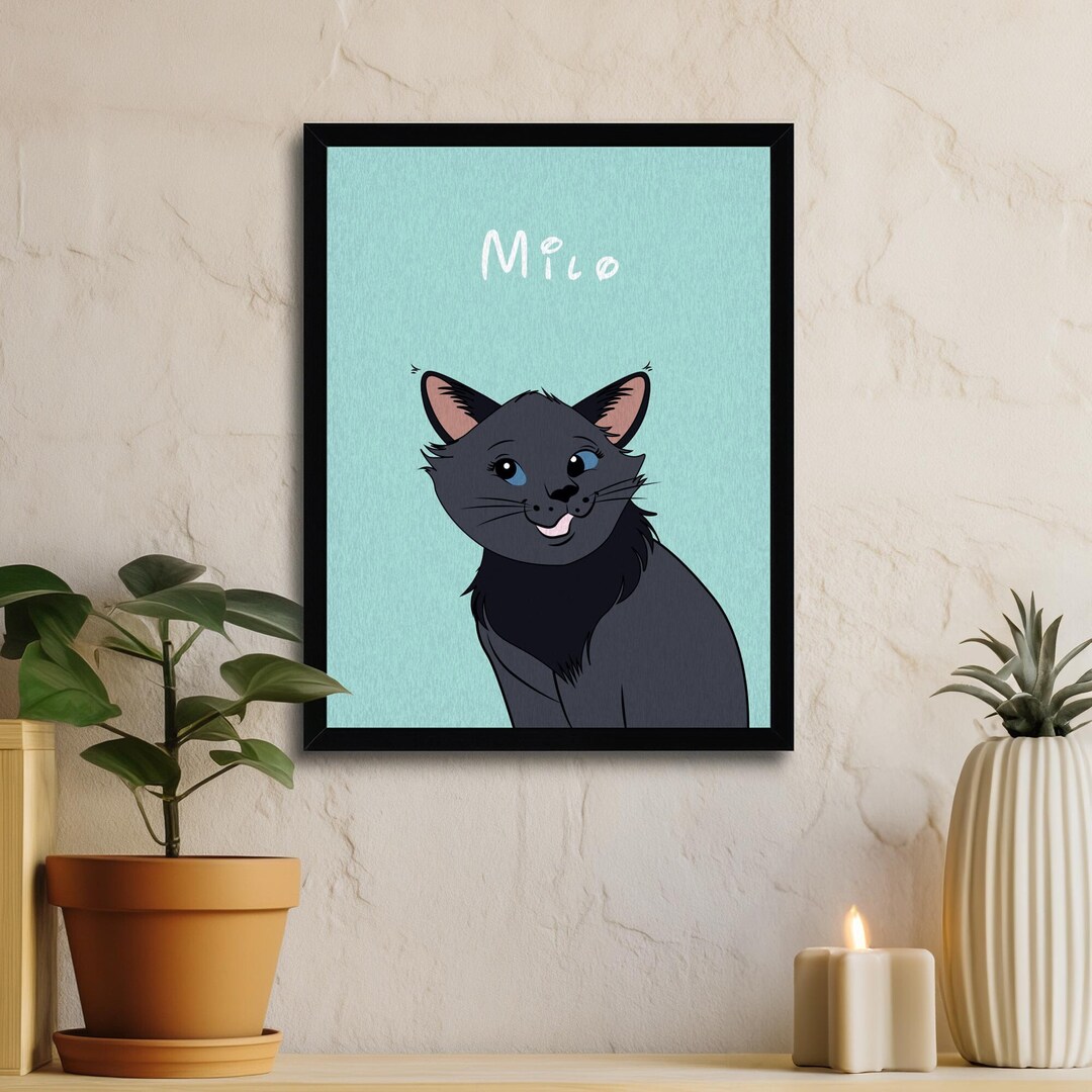 Black Cat Custom Print, Personalized Cat Print, Longhair Cat Art ...