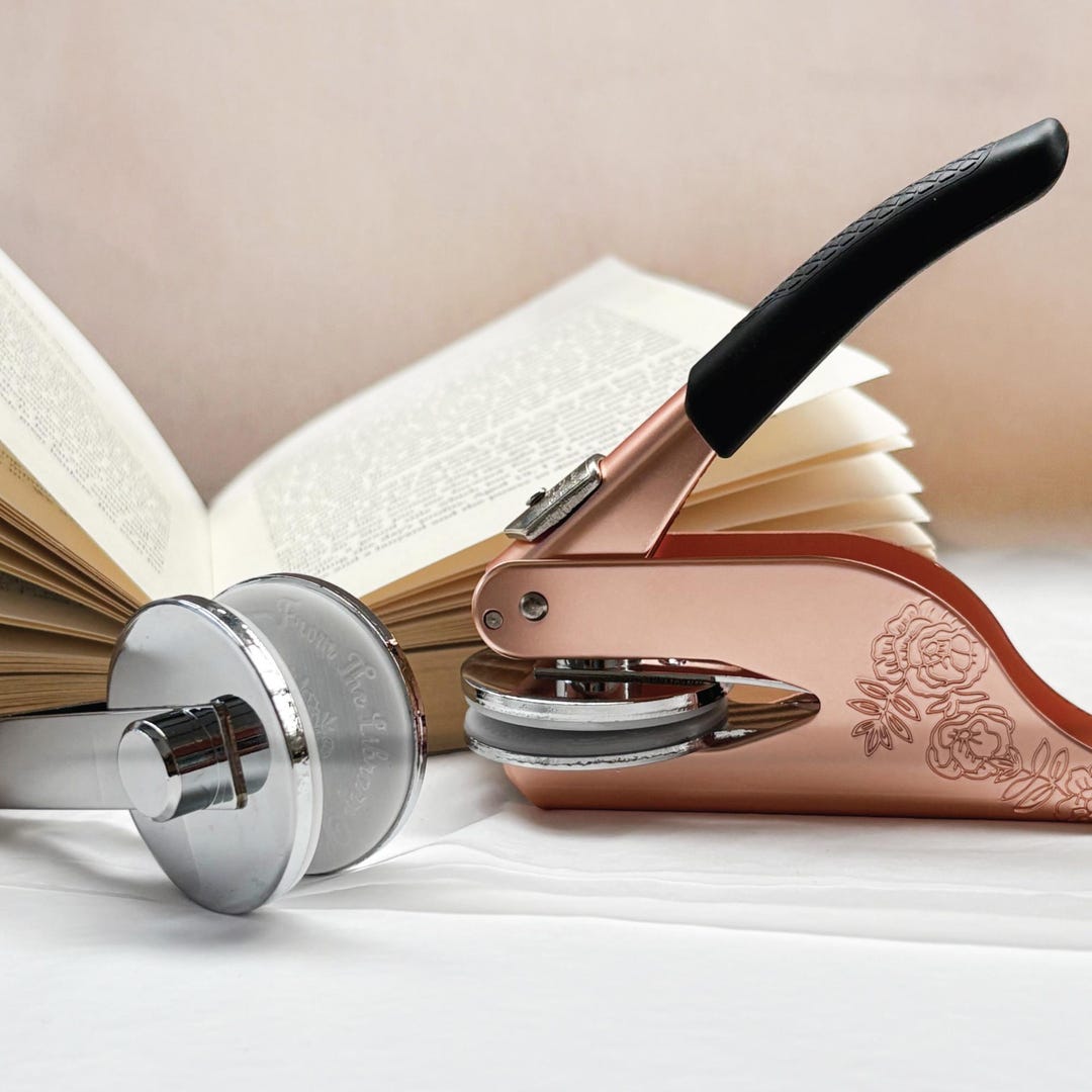 Personalized Rose Gold Book Embosser With Floral Design – Custom ...