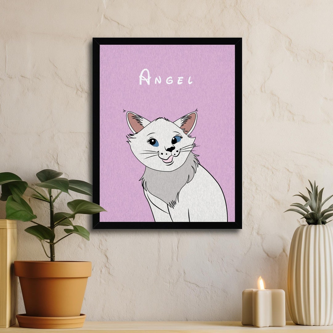 White Cat Custom Print, Personalized Cat Print, Cat Cartoon Print ...