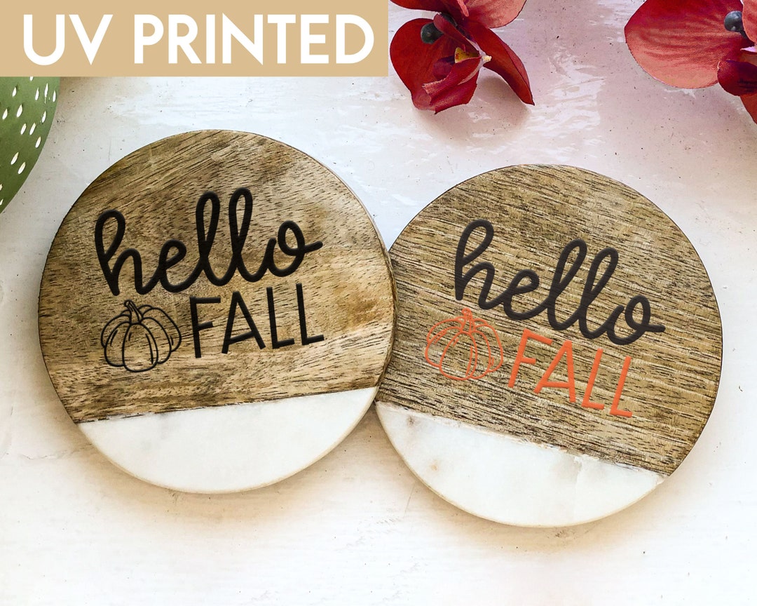 Hello Fall Autumnal Quote Wooden Coaster, Fall Wood Coaster, Cute ...
