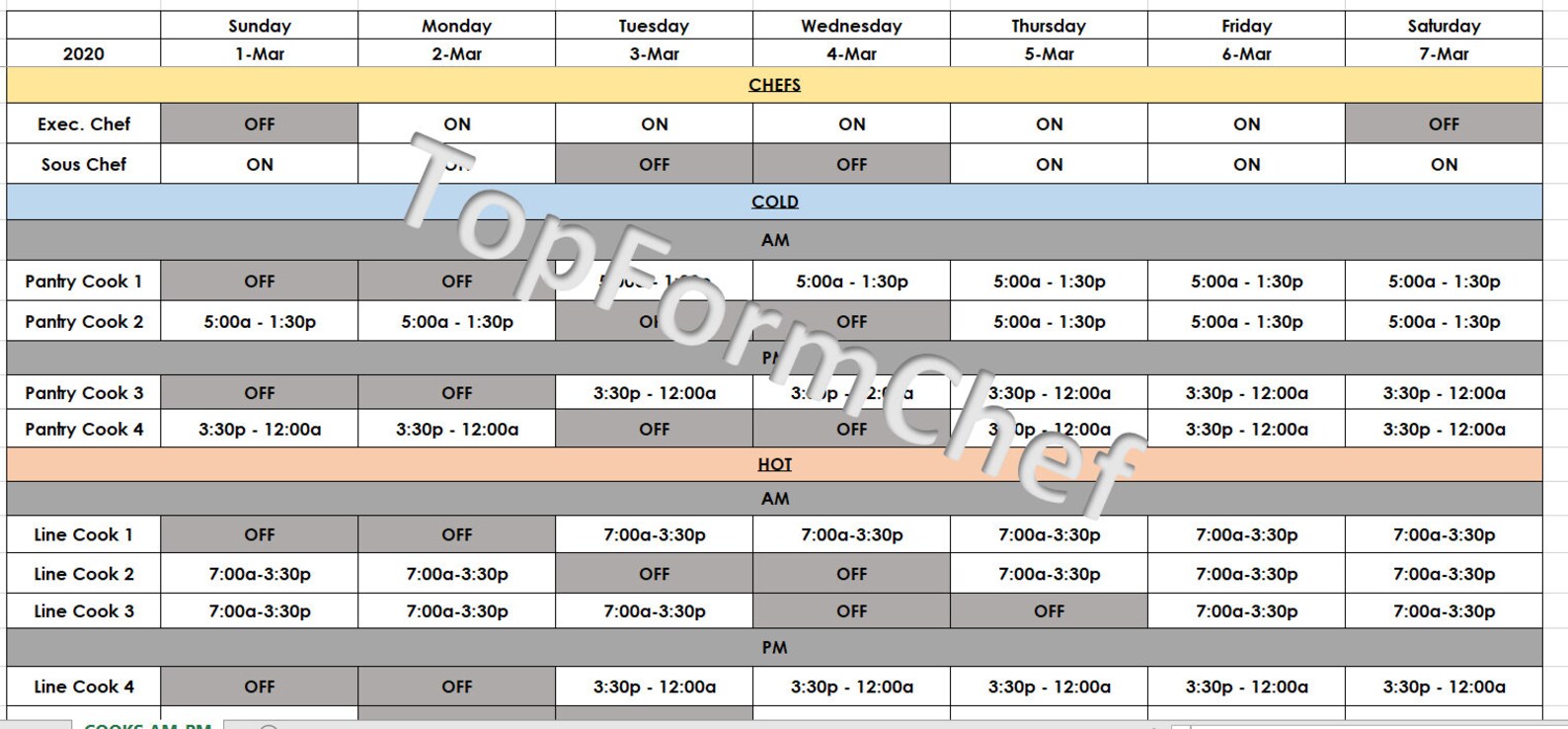 Chef's Weekly Schedule - Etsy