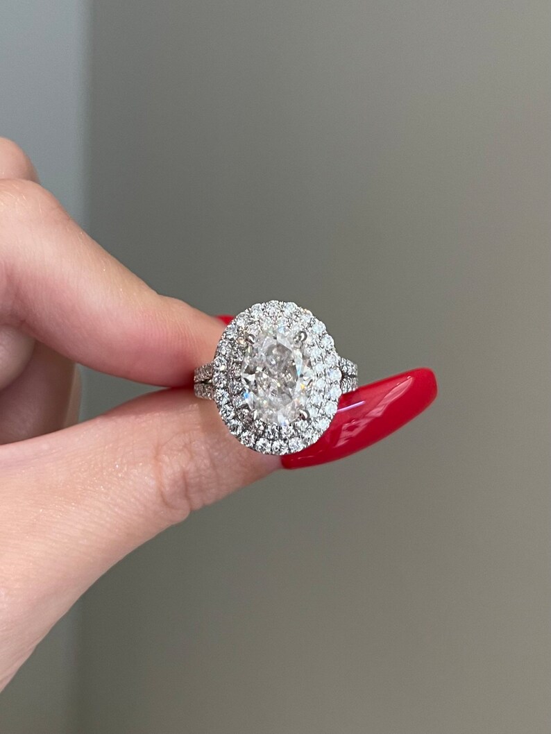 3.5 Carat Crushed Ice Oval Moissanite Double Halo 14K Gold Engagement ...